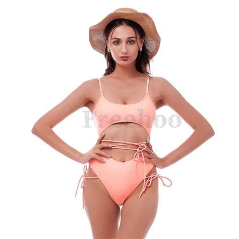 Women′ S Sexy Pink Multi Strap Cutout Wireless One Piece Swimwear