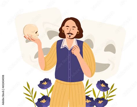 Hamlet Talk To Skull Concept Traditional English Writer Stands With Skeleton Head Among Flowers