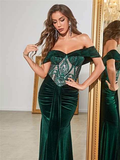 Fniseti Off Shoulder Contrast Sequins Ruched Velvet Evening Gown