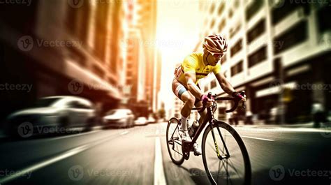 Racing Cyclist On Street Daylight Gradient From Magenta To Yellow Generative Ai 29624970
