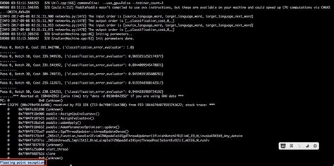 docker版本paddledev paddle 0 10 0rc3 noavx运行机器翻译的例子出现 Floating point