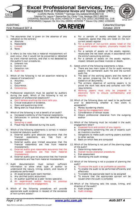 Auditing First Set A Problems With Answers Page 1 Of 6 Aud A