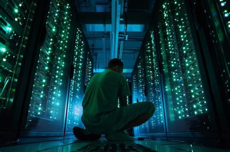 Engineer Overseeing Data Center Operations In A Server Room Premium Ai Generated Image