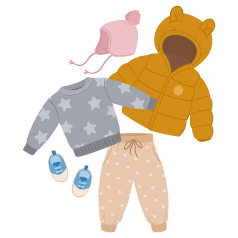 만화 아이 복장 아기 소년 또는 소녀 캐주얼 의류 귀여운 작은 바지 호흡기 재킷 및 흰색 배경에 Accessories 평면 벡터