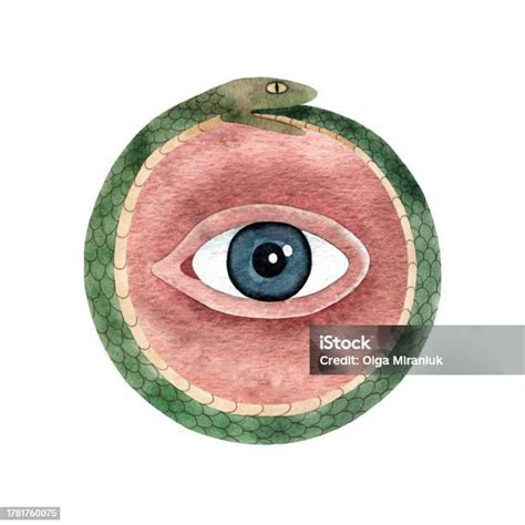 둥근 뱀이 꼬리를 먹는 수채화 그림 Ouroboros 표지판 모든 보는 눈 손으로 그린 밀교 기호는 흰색 배경에 고립되어