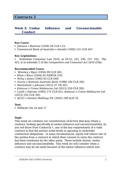 2021 Week 3 Outline Week 3 Contracts 2 Week 3 Undue Influence And