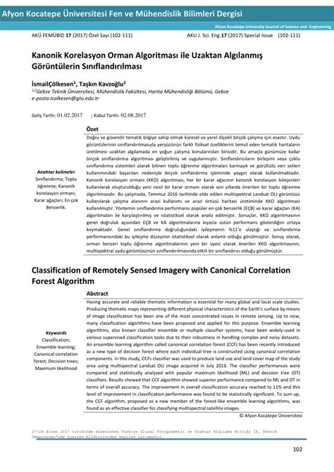Pdf Kanonik Korelasyon Orman Algoritması Ile Uzaktan Algılanmış Görüntülerin Sınıflandırılması