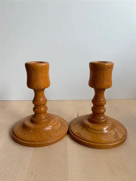 Beautiful Wooden Hand Turned Light Wood Candlestick Set Vintage
