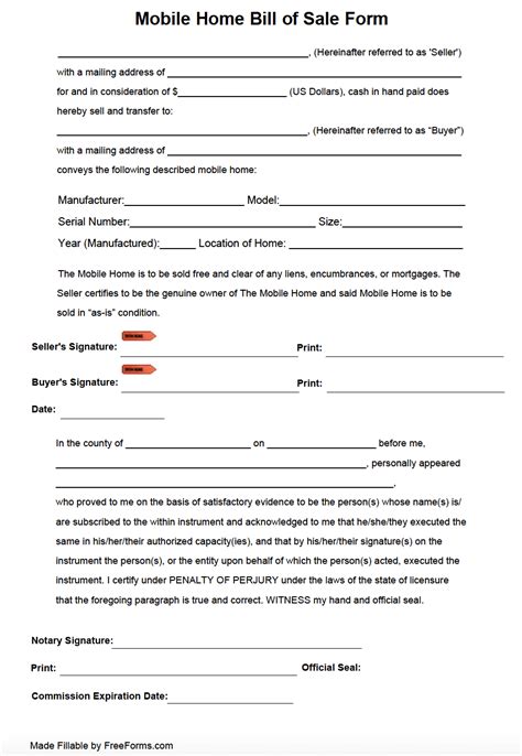Free Mobile Manufactured Home Bill Of Sale Form Pdf