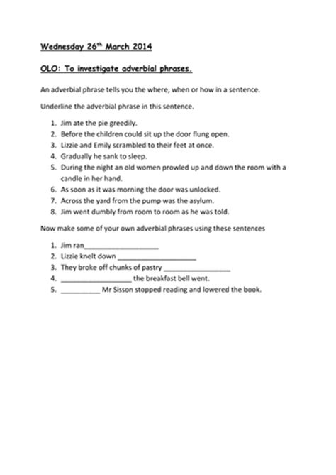 Adverbial Phrases Worksheets Differentiated By Helenfharvey Uk