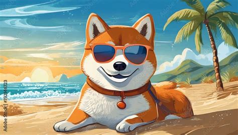 夏の海岸で日光浴する可愛い柴犬 Stock Photo Adobe Stock