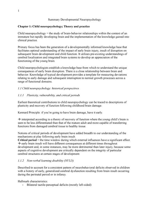 Summary Developmental Neuropsychology Primary Focus Has Been The Generation Of A