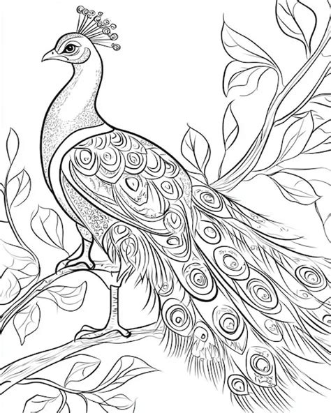 Peacock Coloring Page With Intricate Tail Feathers Premium Ai