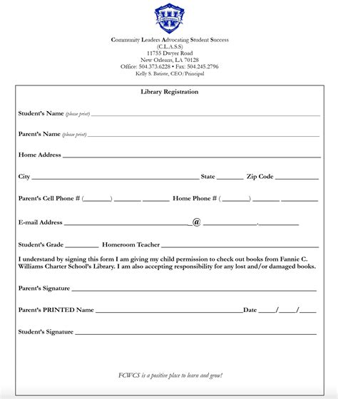 Library Registration Form Fannie C Williams Charter School