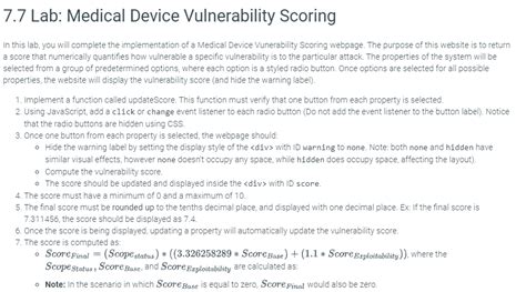 7 7 Lab Medical Device Vulnerability Scoring In This Chegg Com