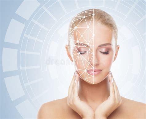 Portrait Of Attractive Woman With A Scnanning Grid On Her Face Face Id Security Facial