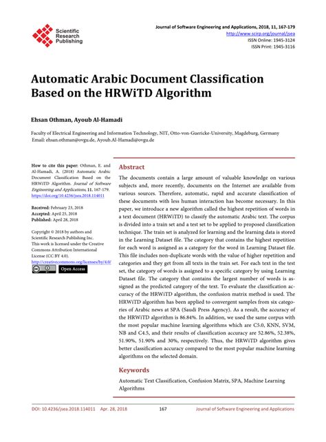 Pdf Automatic Arabic Document Classification Based On The Hrwitd