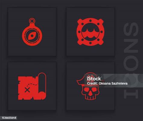 해적 선장 나침반 바다 풍경과 보물 지도 아이콘이 있는 선박 현창을 설정하세요 벡터 가공의 인물에 대한 스톡 벡터 아트 및 기타 이미지 가공의 인물 검 검은색