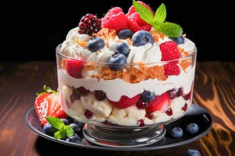 으깬 머랭 휘핑 크림을 겹겹이 쌓아 만든 영국식 디저트 이튼 메스eton Mess 프리미엄 사진