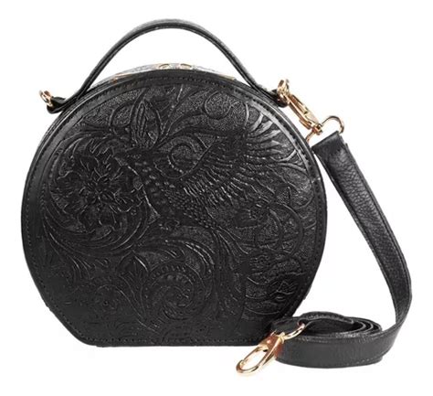 Bolsa D Piel Con Grabado Tipo Cincelado Crossbody Bolsa Dama Color Negro Diseño De La Tela