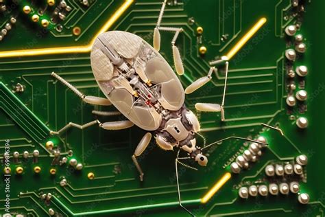 Hardware Bug Concept Cybernetic Insect Is Sitting On The Green