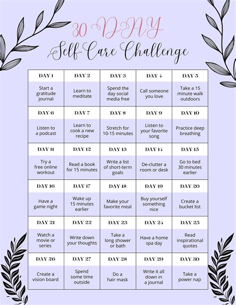 30 Day Self Care Challenge Calendar Printable Pdf Etsy
