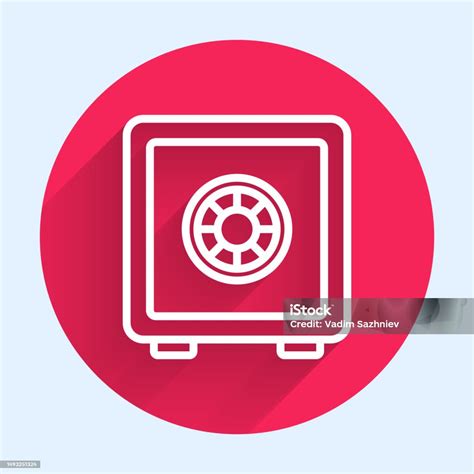 긴 그림자 배경으로 격리 된 화이트 라인 안전 아이콘 도어는 조합 잠금 장치가있는 은행 금고를 안전하게 보호합니다 신뢰할 수 있는 데이터 보호 빨간색 원 버튼입니다 벡터 0