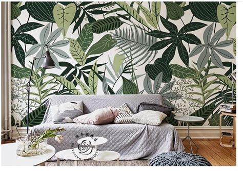 Oil Painting Tropical Plants Wallpaper Wall Mural Hand Painted Rainforest Tropical Plants Wall