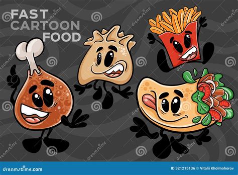 A Set Of Fast Food Cartoon Characters Hand Drawn Vector Illustration