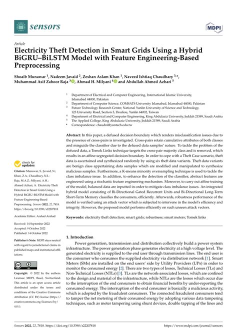 Pdf Electricity Theft Detection In Smart Grids Using A Hybrid Bigrubilstm Model With Feature