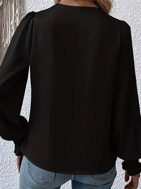 Solid Pleated V Neck Simple Blouse Elegant Lantern Sleeve Temu