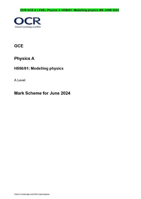 OCR GCE A LEVEL Physics A H Modelling Physics MS JUNE Ocr Stuvia US