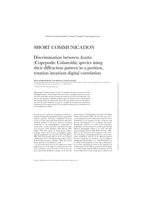 Pdf Discrimination Between Acartia Copepoda Calanoida Species Using Their Diffraction