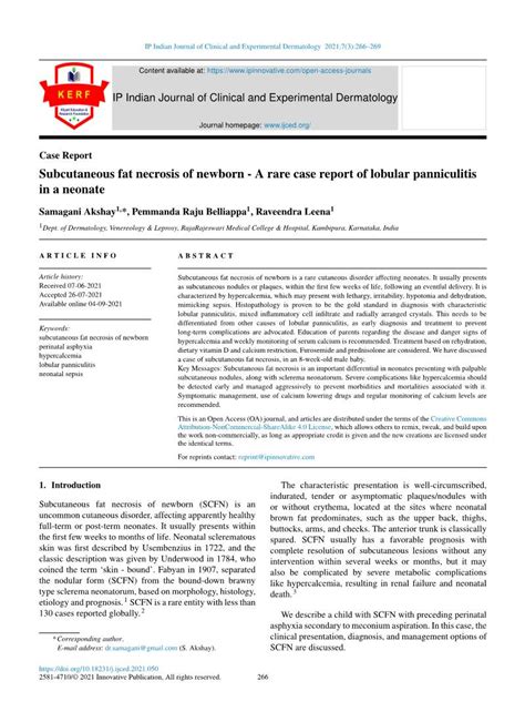 Subcutaneous Fat Necrosis Of Newborn A Rare Case Report Of Lobular