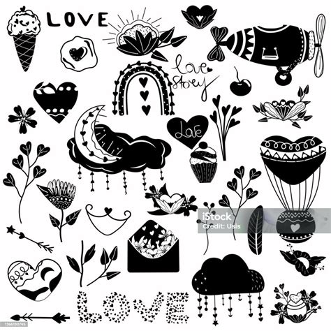 발렌타인 데이 꽃 컵 케이크 하트 잎 비행기 무지개 열기구에 대한 큰 검은 색과 흰색 세트 흰색 배경을 격리했습니다 플랫 아이콘 세트입니다 벡터 그림입니다 0명에 대한 스톡
