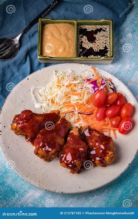 Korean Fried Chicken With Gochujang Sauce Spicy Sauce Stock Image