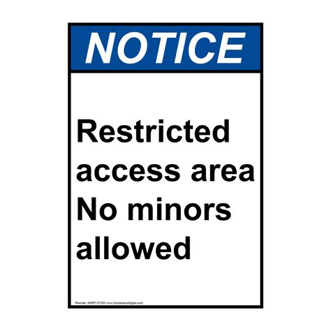 Vertical Restricted Access Area No Minors Allowed Sign Ansi Notice