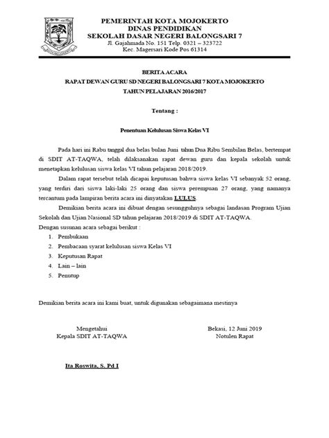 Berita Acara Penentuan Kelulusan Kelas Pdf