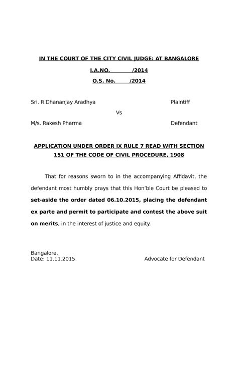 4 Ia For Setting Aside Ex Parte Order Order 9 Rule 7 I A O No Sri R Aradhya Plaintif