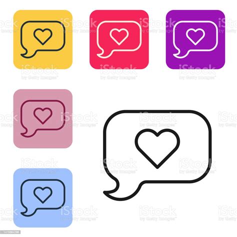 흰색 배경에 격리 된 음성 거품 아이콘의 검은 줄 심장 해피 발렌타인 데이 색상 정사각형 단추로 아이콘을 설정합니다 벡터 Brand Name Online Messaging