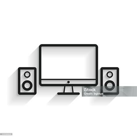 스피커가 있는 데스크톱 컴퓨터 흰색 배경에 긴 그림자가 있는 선 아이콘 3차원 형태에 대한 스톡 벡터 아트 및 기타 이미지 3차원 형태 개념 개체 그룹 Istock