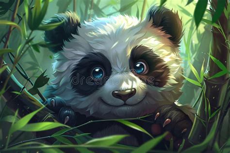 Portrait Of Cute Giant Panda Bear In Bamboo Forest Stock Illustration