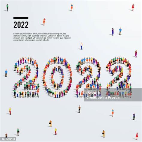 2022 년 새해 인사말 카드 디자인 2022년 또는 22개의 연도를 만들기 위해 많은 사람들이 형성합니다 인사하기에 대한 스톡