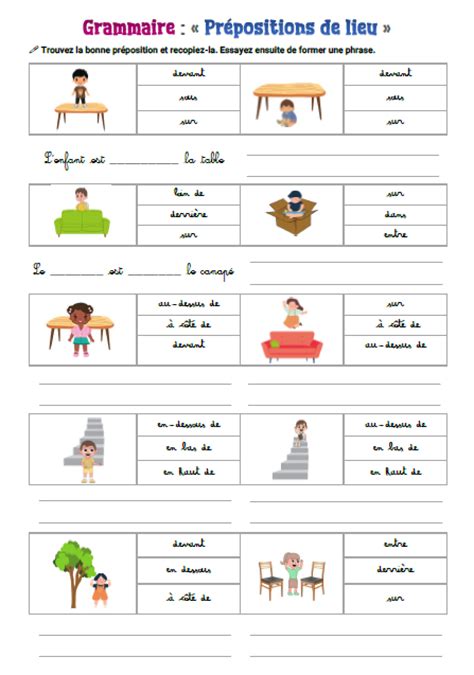 Exercice de grammaire Les prépositions de lieu CP CE1 CE1 CP