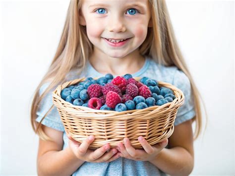 A Girl With A Basket Which Contains Fresh Blue Raspberrys Premium Ai Generated Image