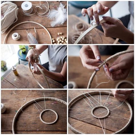 Four Pictures Showing How To Make A Dream Catcher With Yarn Beads And