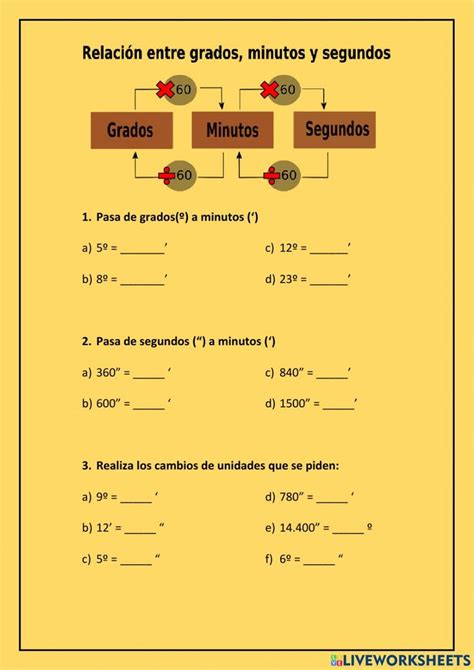 Conversión de grados minutos y segundos worksheet Grado Fichas