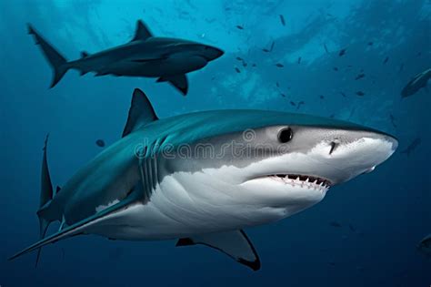 Close Up Underwater Shot Of A Great White Shark Swimming In The Ocean