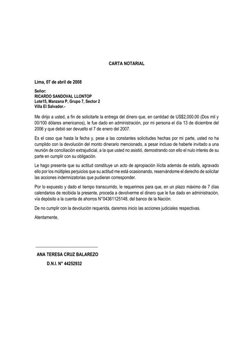 MOD N 01 CARTA NOTARIAL DEVOLUCIÓN O ENTREGA D DINERO