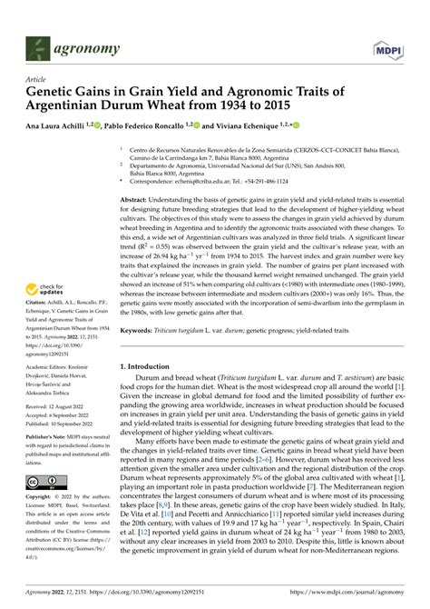 Pdf Genetic Gains In Grain Yield And Agronomic Traits Of Argentinian Durum Wheat From 1934 To 2015